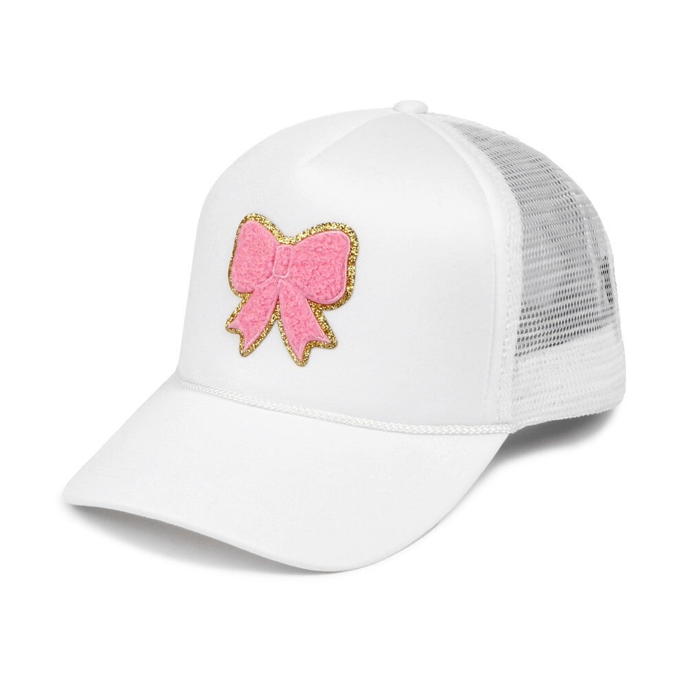 White Trucker Hat W/ Pink Bow Puff Patch | The Pretty Creekside Boutique